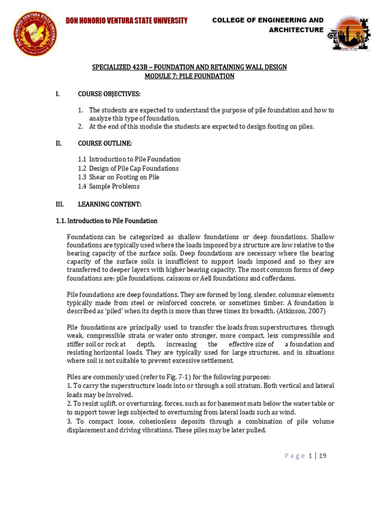 MODULE 7EDITED - SPECIALIZED 423B - FOUNDATION RETAINING WALL DESIGN Pile Foundation | PDF ...