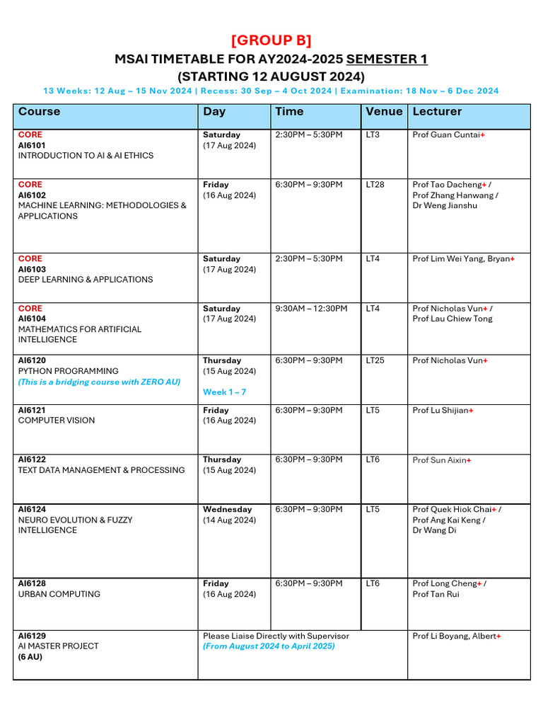 GROUP B - MSAI AY2024-2025 Semester 1 Timetable - Students | PDF | Artificial Intelligence ...