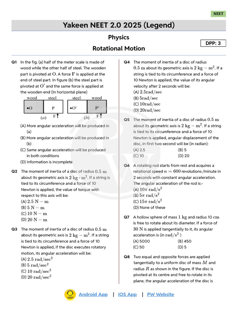 Rotational Motion _ DPP 03(of Lec-06) __ Yakeen NEET 2.0 2025 (Legend) | PDF | Force | Acceleration
