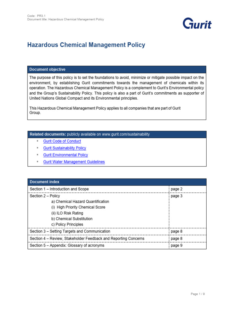 GURIT Hazardous Chemical MGMT Policy | PDF | Occupational Safety And ...
