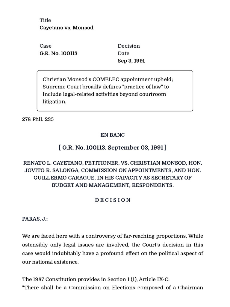 G.R. No. 100113 - Cayetano vs. Monsod | PDF | Practice Of Law | Lawyer