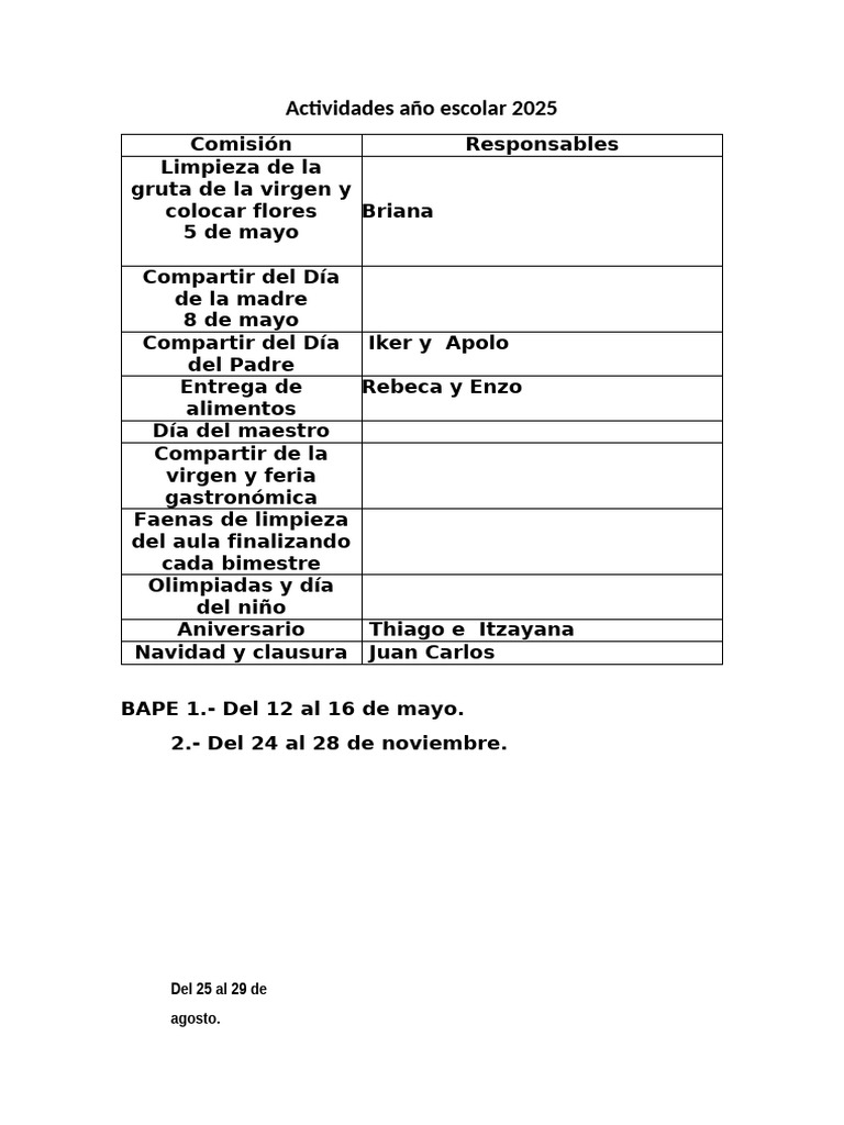 Actividades Año Escolar 2025 Comisiones - para Combinar | PDF