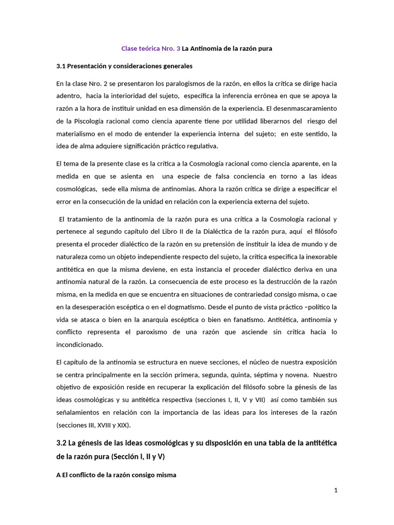 Clase Nro 3- La Antinomia de la razón pura | PDF | Immanuel Kant | Razón
