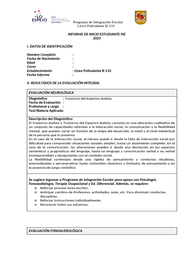 Informe Inicio TEA | PDF | Autismo | Aprendizaje