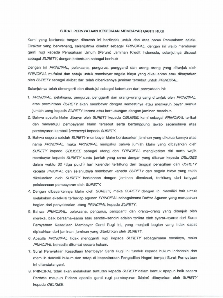 Surat Pernyataan Kesediaan Membayar Ganti Rugi | PDF