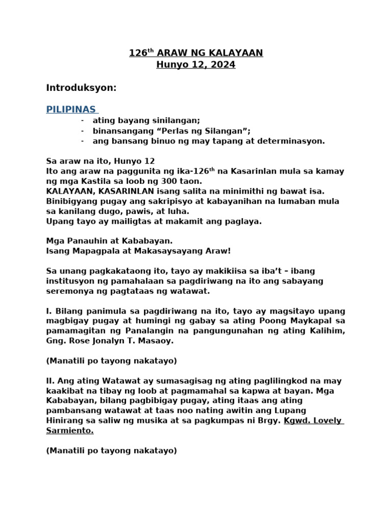 126th ARAW NG KALAYAAN SCRIPT | PDF