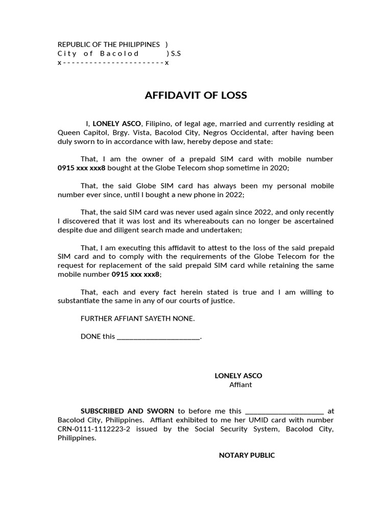 Affidavit of Loss - SIM Card | PDF