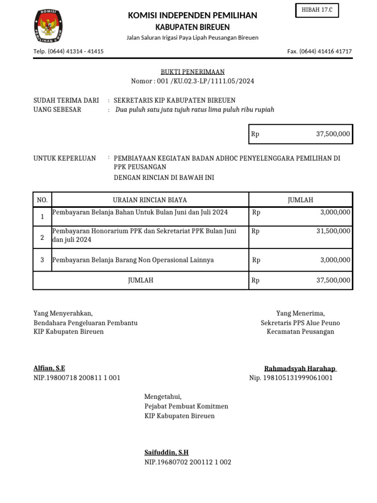 Format Hibah 17.B (Bukti Penerimaan PPK) | PDF
