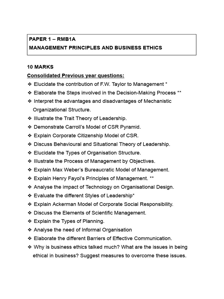 Management Principles and Ethics Exam Guide | PDF