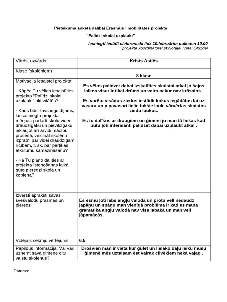Pieteikuma Anketa Dalībai Erasmus+ 2025 | PDF