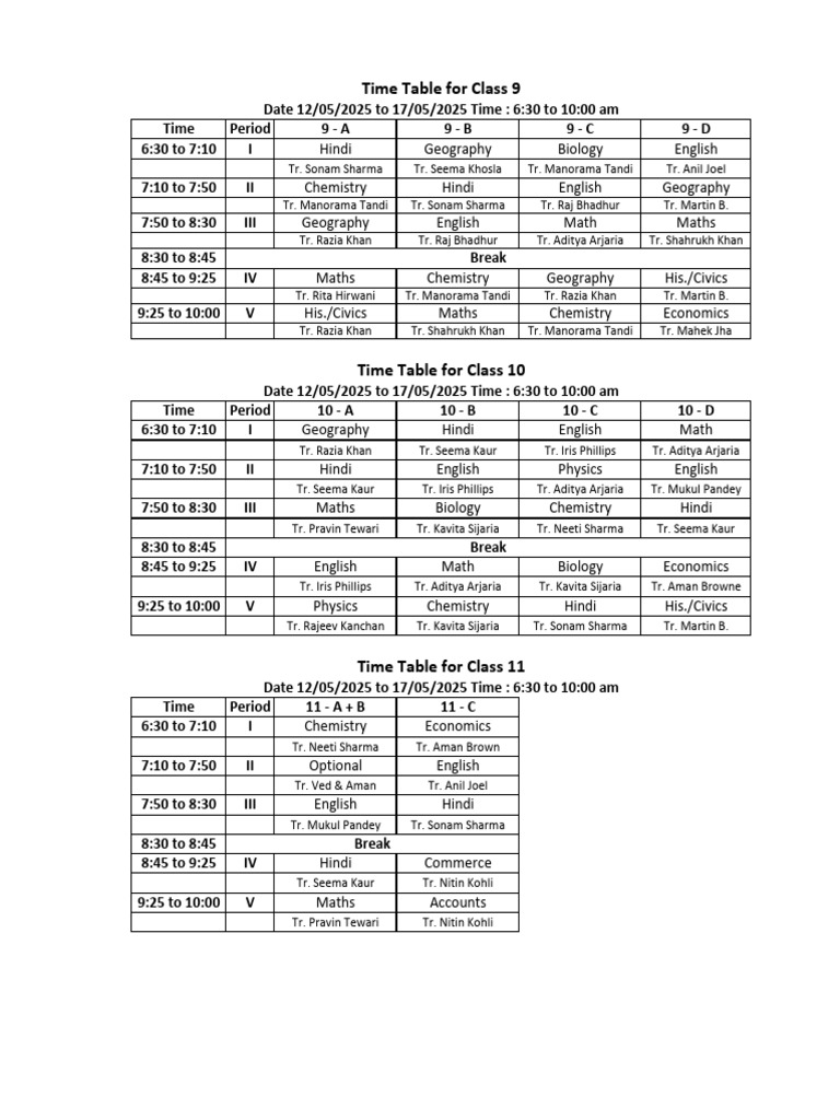 Time Table For Class 9 To 12 | PDF