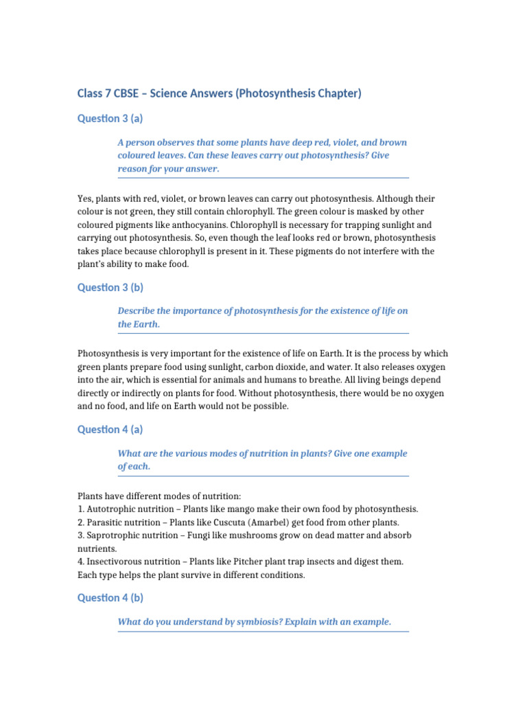 Class7 CBSE Photosynthesis Answers | PDF