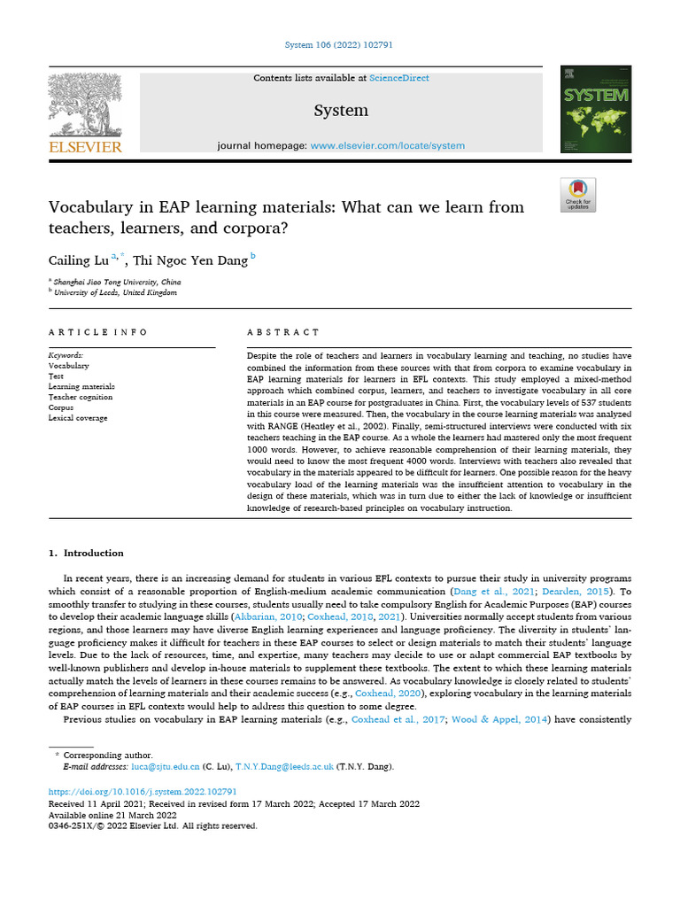 Vocabulary in EAP Learning Materials What Can We Learn From Teachers ...