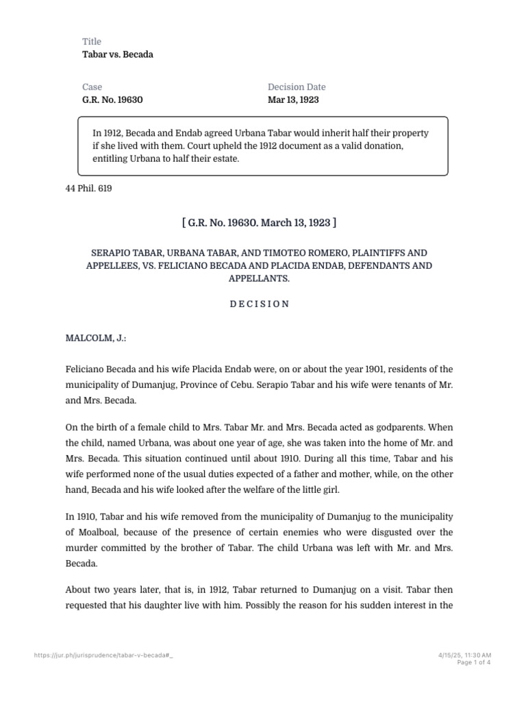 Tabar v. Becada: Inheritance Case Summary | PDF | Justice | Crime ...