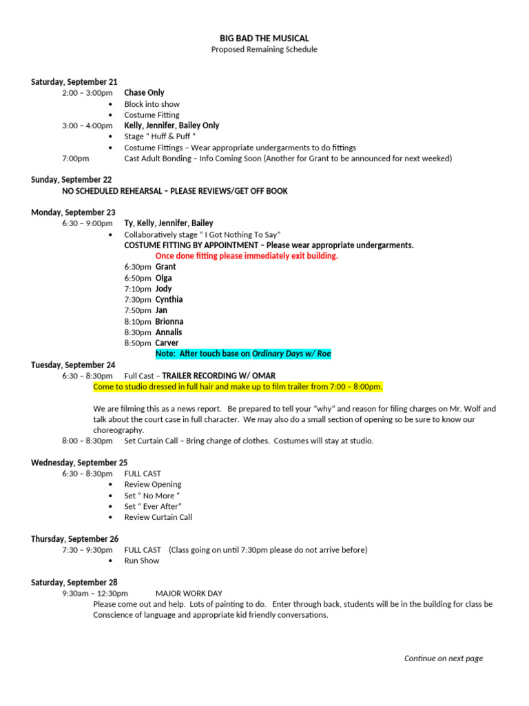 Big Bad Musical Rehearsal Schedule | PDF
