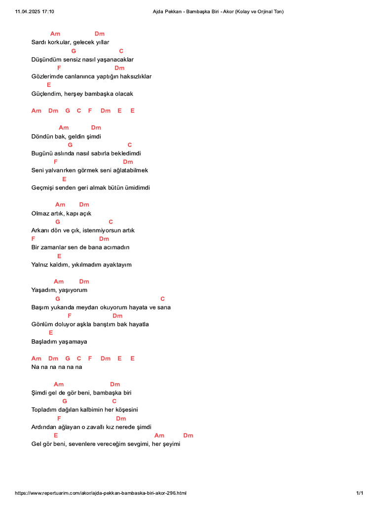 Ajda Pekkan - Bambaşka Biri - Akor (Kolay Ve Orjinal Ton) | PDF
