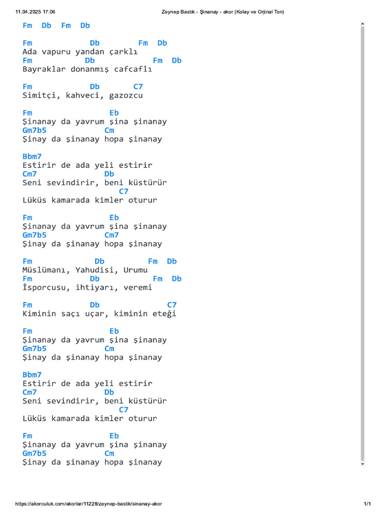 Zeynep Bastık - Şinanay - Akor (Kolay Ve Orjinal Ton) | PDF