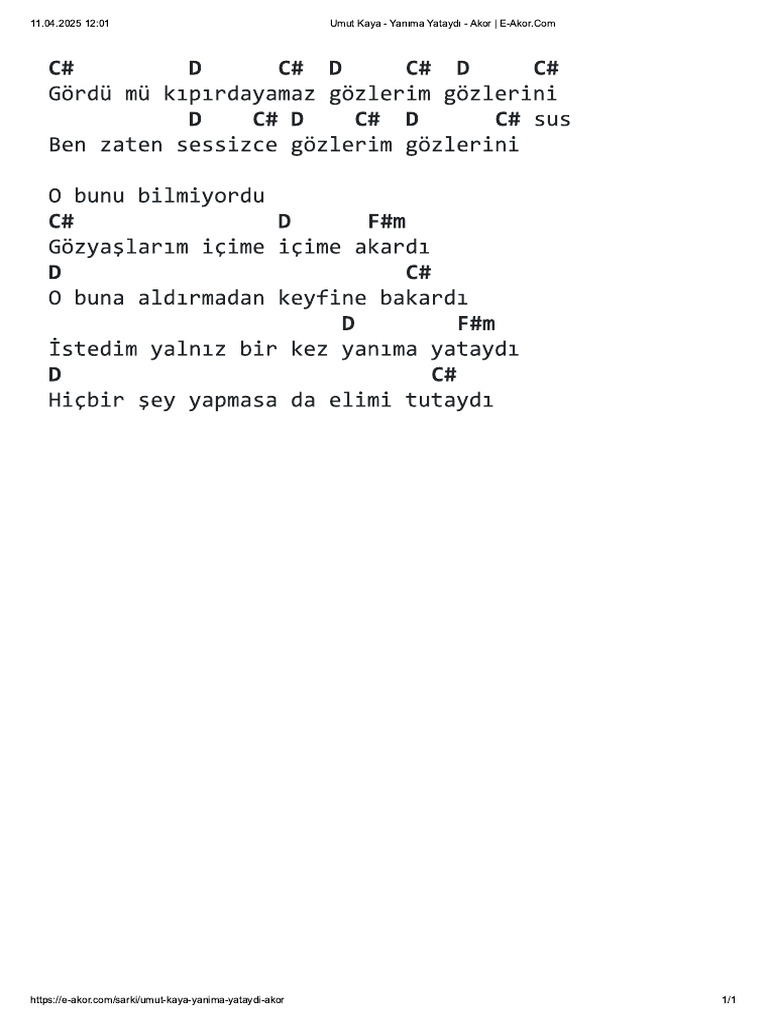 Umut Kaya - Yanıma Yataydı - Akor - E-Akor | PDF