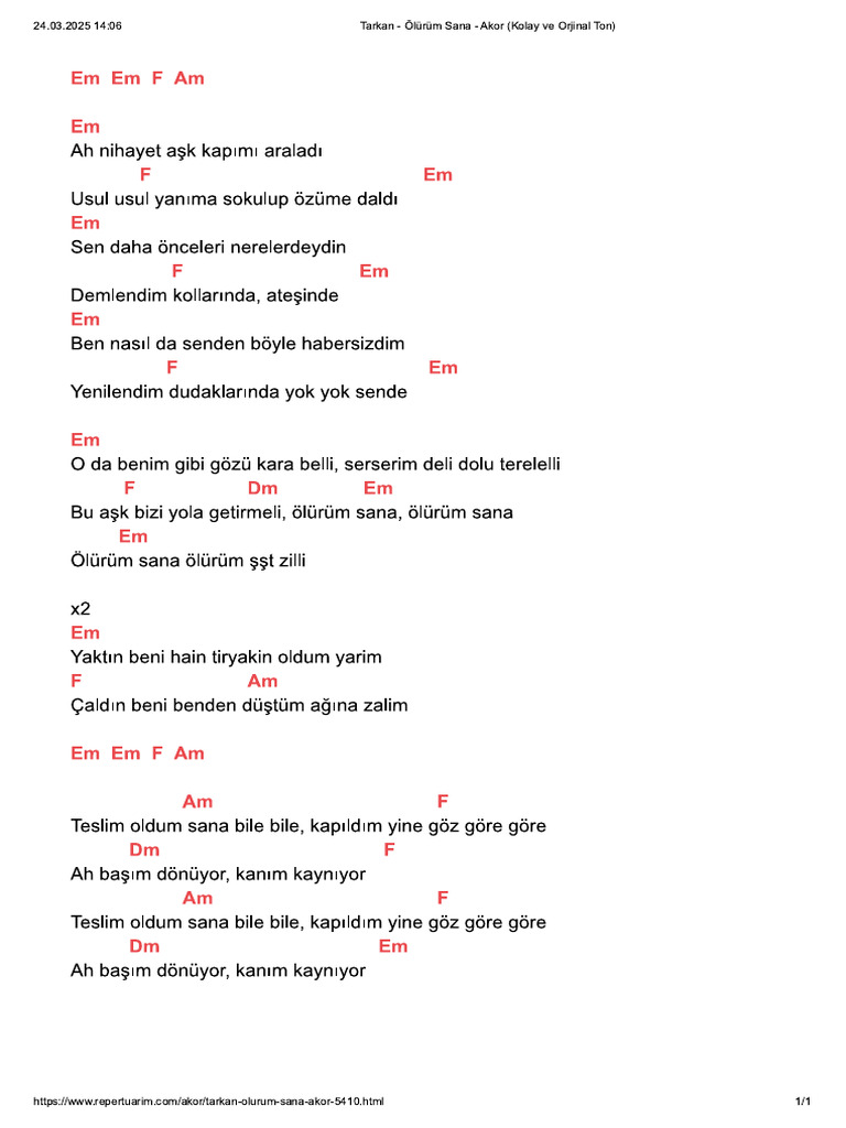 Tarkan - Ölürüm Sana - Akor (Kolay Ve Orjinal Ton) | PDF