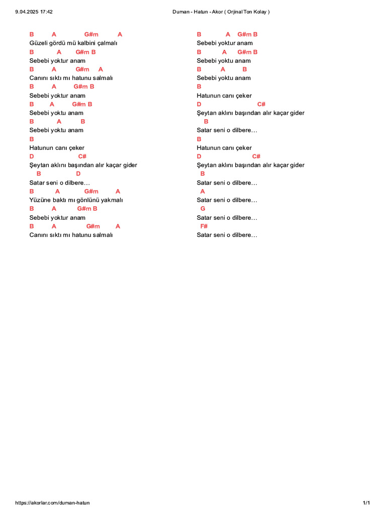 Duman - Hatun - Akor (Orjinal Ton Kolay) | PDF