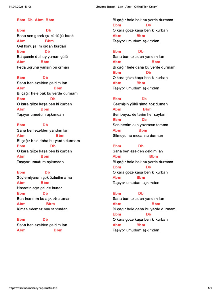 Zeynep Bastık - Lan - Akor (Orjinal Ton Kolay) | PDF