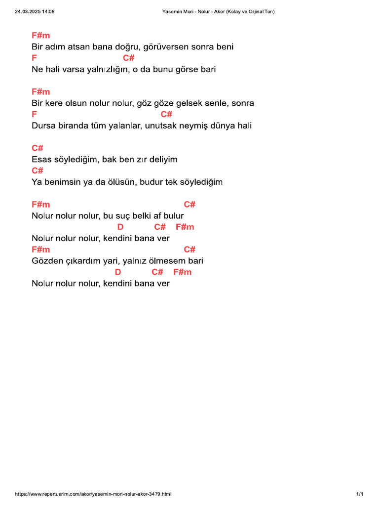 Yasemin Mori - Nolur - Akor (Kolay Ve Orjinal Ton) | PDF