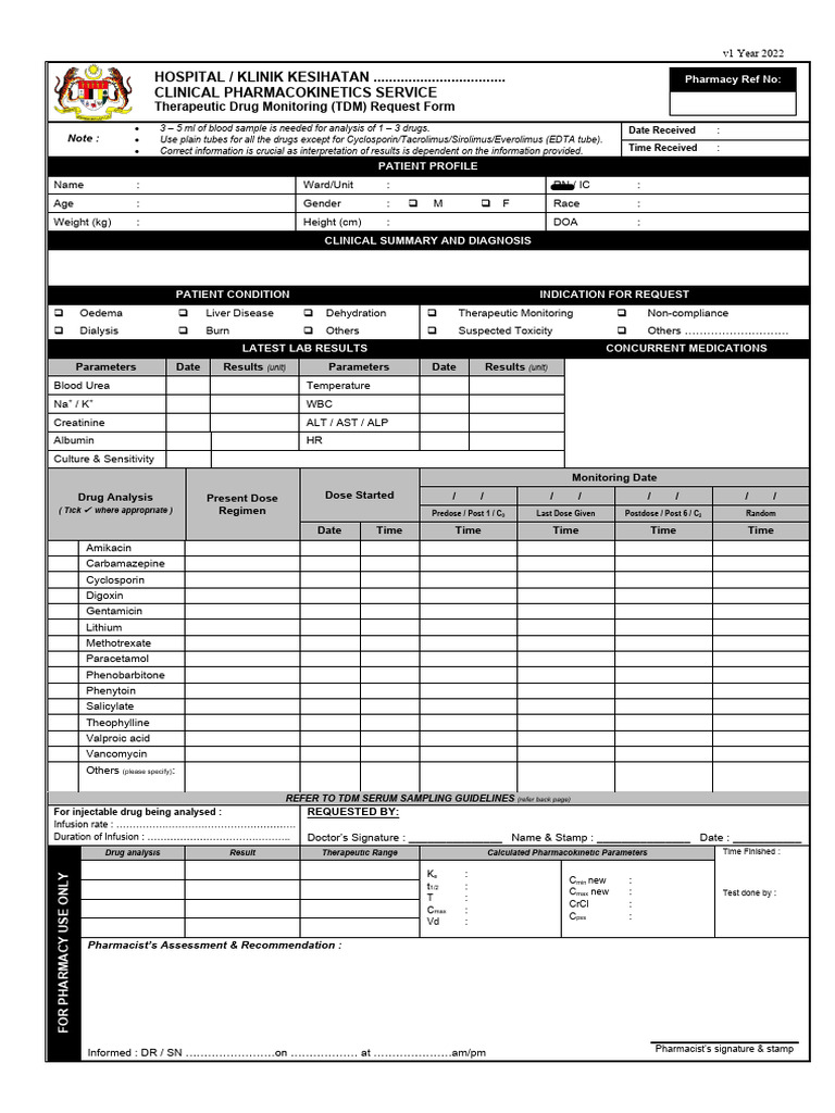 Borang TDM (Salinan Farmasi) | PDF | Pharmacokinetics | Pharmacy
