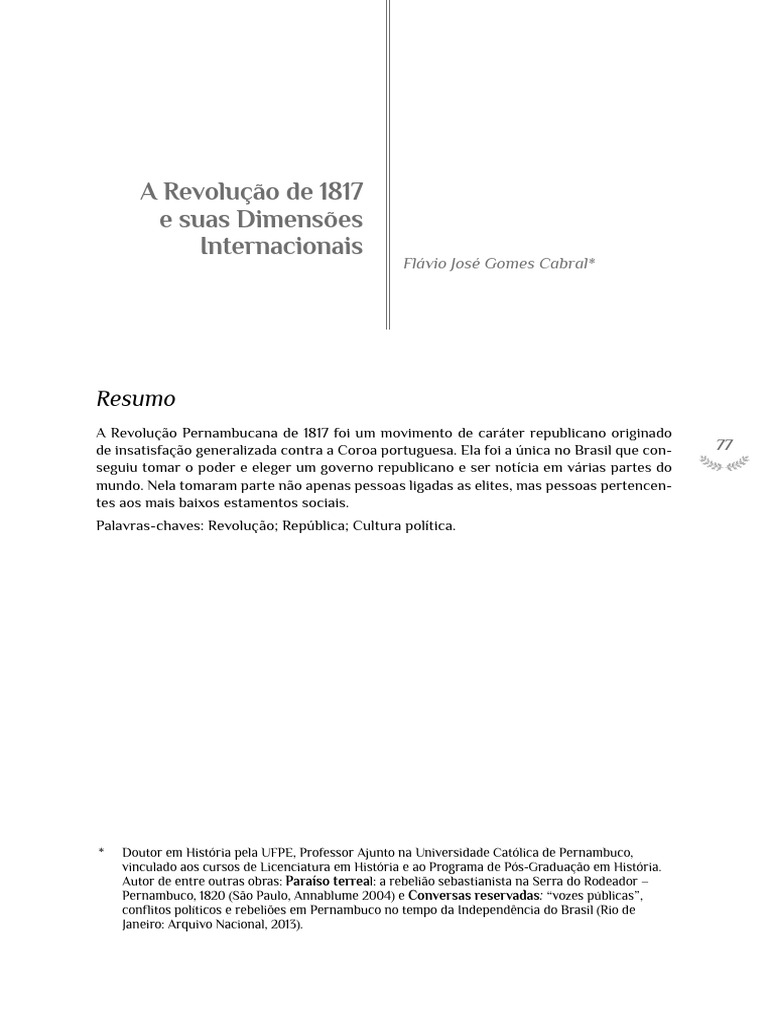 CABRAL, Flávio. A Revolução de 1817 e Suas Dimensões Internacionais ...