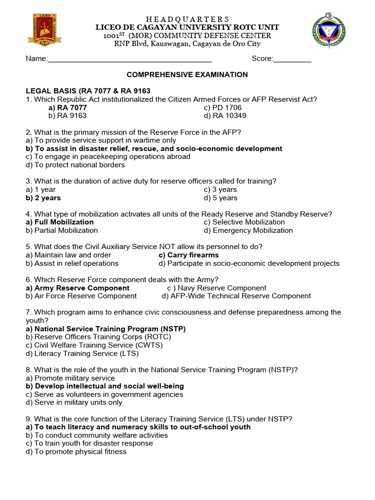 ROTC Comprehensive Examination Guide | PDF | Classified Information In ...
