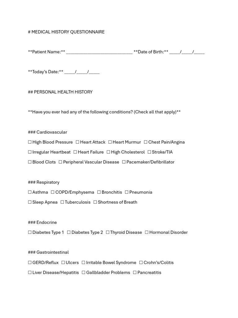Patient History Questionnaire | PDF | Crohn's Disease | Medicine