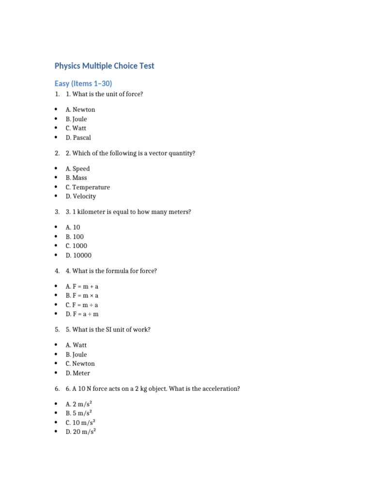 Physics MCQ Test: Easy to Difficult | PDF | Force | Acceleration