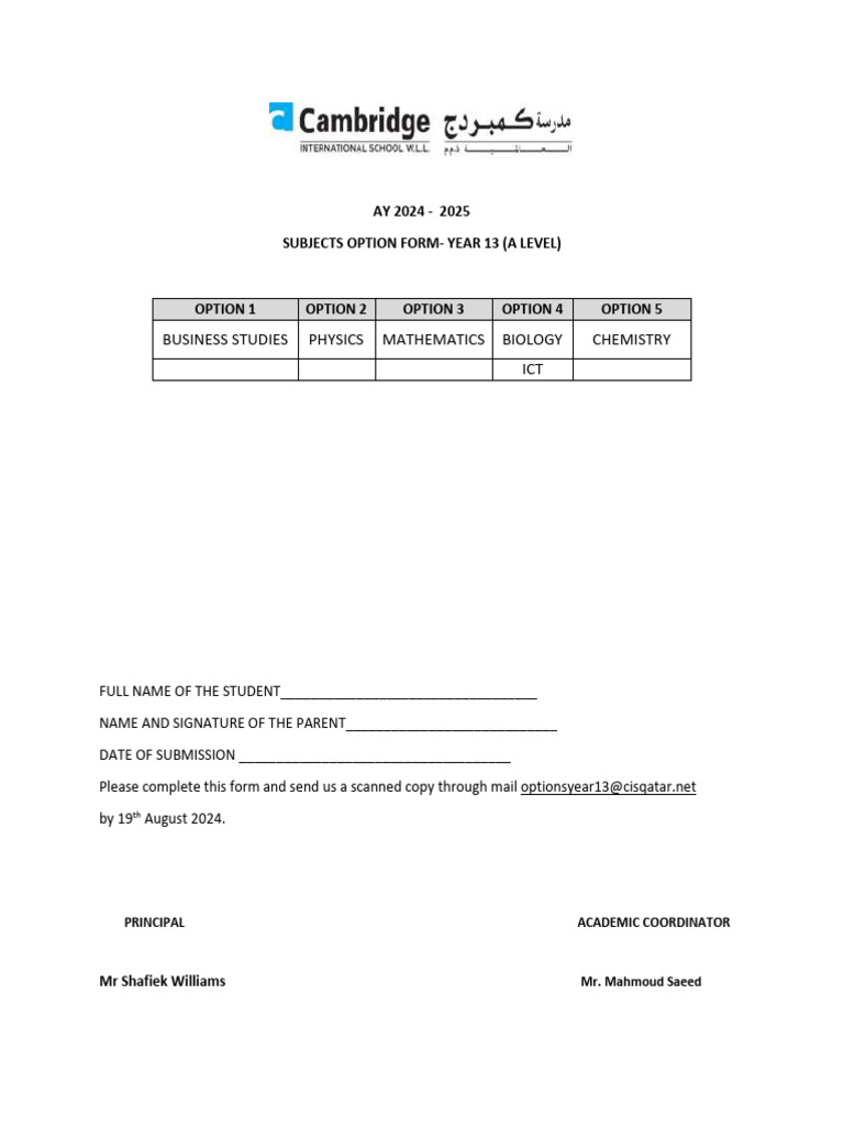 Ay 24-25-Y13-A Level Option Form | PDF