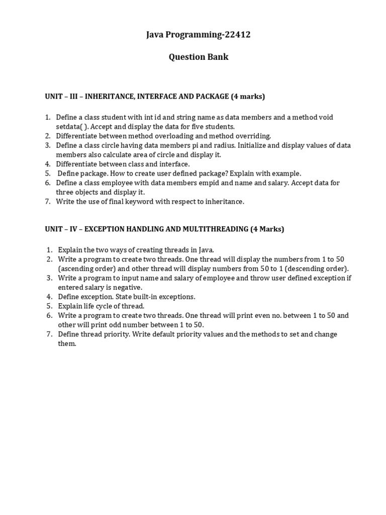 JAVA QuestionBank | PDF