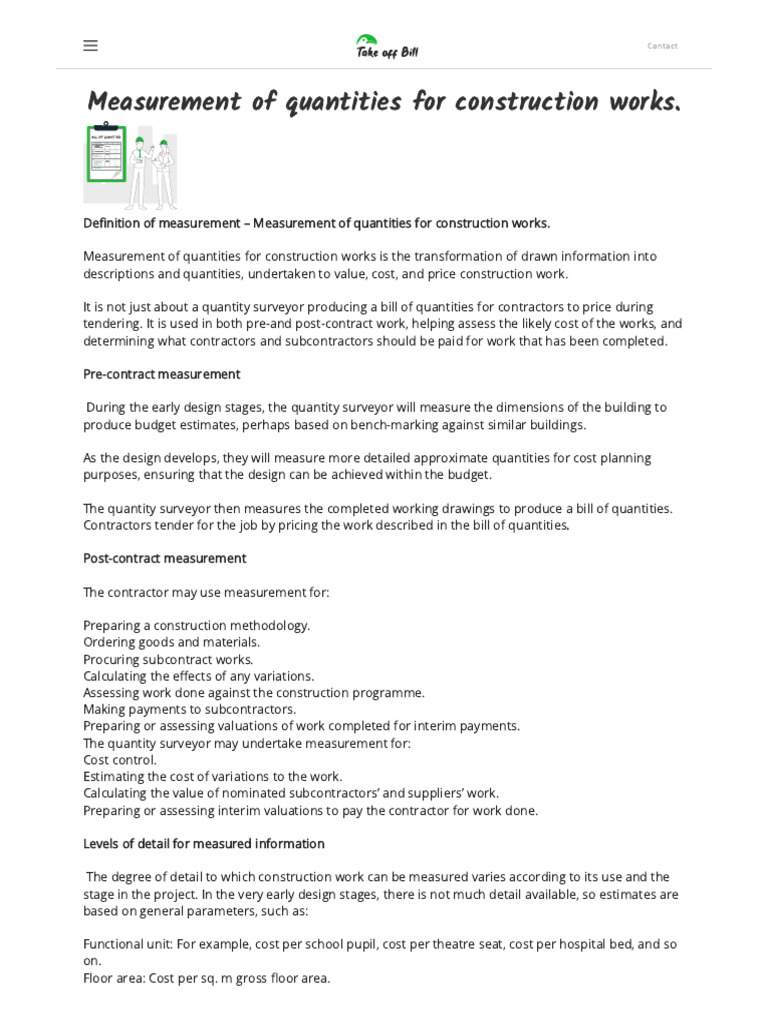 Measurement of Quantities For Construction Works. - Take Off Bill | PDF ...