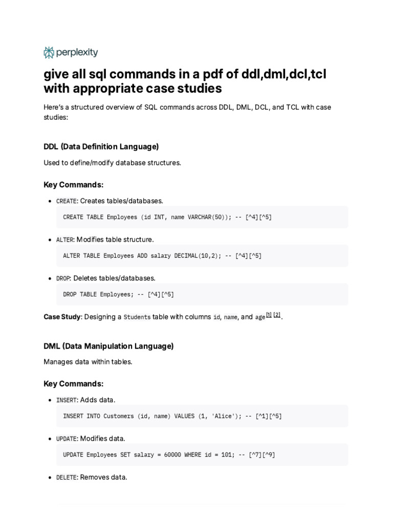 Give All SQL Commands in A PDF of DDL, DML, DCL, TCL | PDF | Data Model | Data