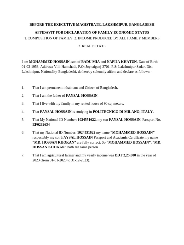 Affidavit For Declaration of Family Economic Status | PDF