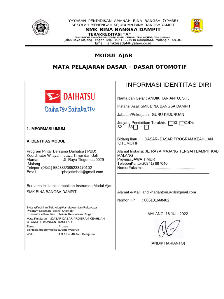 Modul Ajar X TKR 1 - Andik H. | PDF
