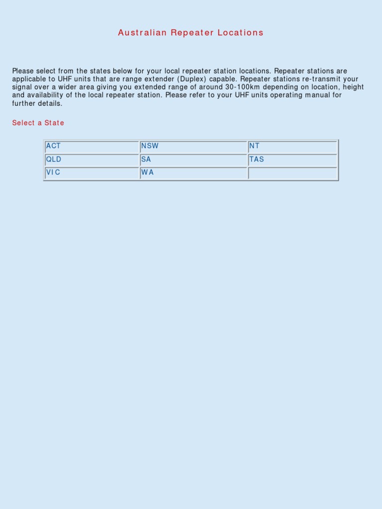 Australian UHF Repeater Locations Guide | PDF | Science & Mathematics