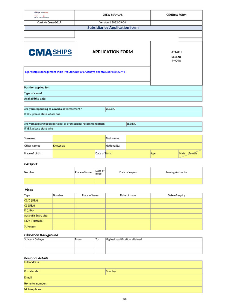CMA-CGM Crew-001A Subsidiaries Application Form | PDF | Ships | Shipping