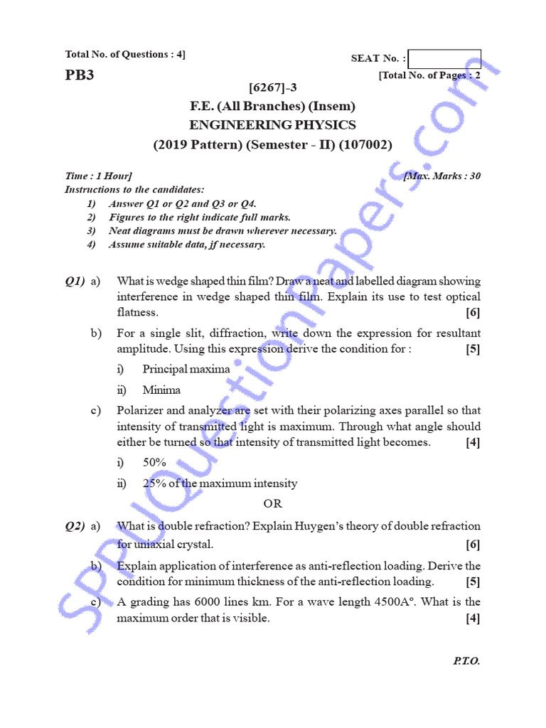 Be - First Year Fe Engineering - Semester 1 - 2024 - March - Engineering Physics Pattern 2019 ...