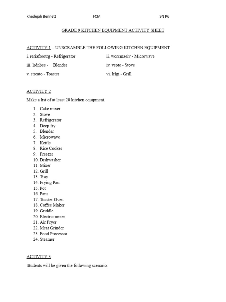Kitchen Equipment Activity Sheet | PDF | Kitchen | Grilling