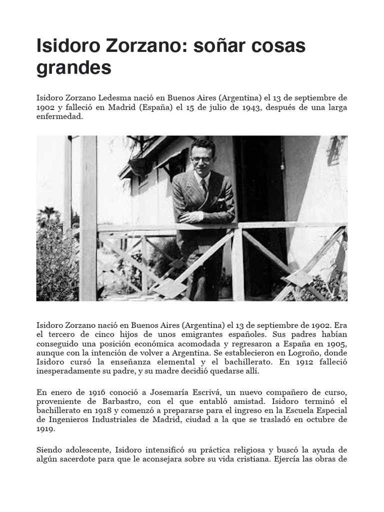 Isidoro Zorzano: Soñar Cosas Grandes | PDF