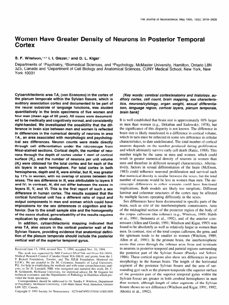 Women Have Greater Density of Neurons in Posterior Temporal Cortex | PDF | Cerebral Cortex ...