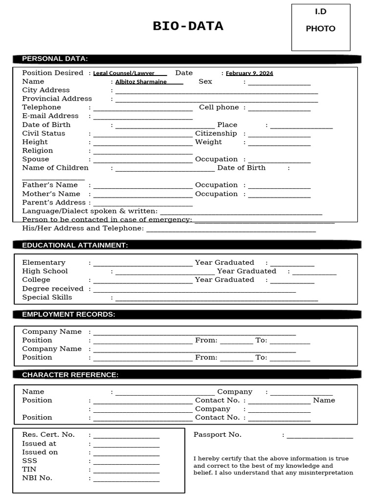 Bio Data Form | PDF | Government And Personhood