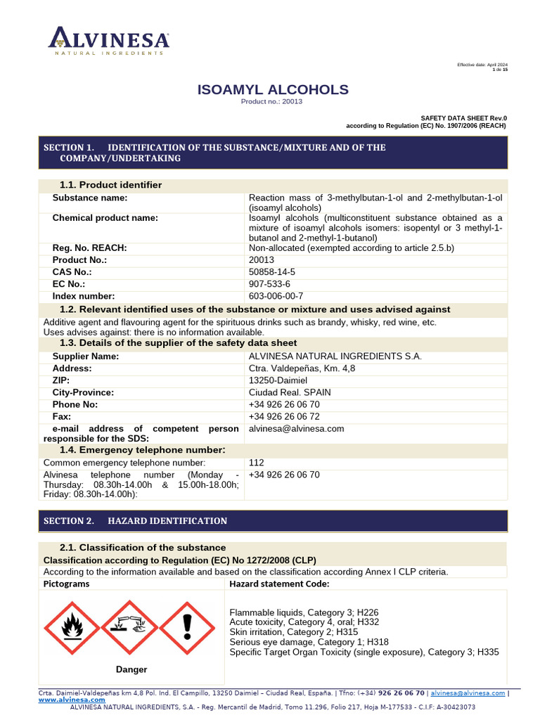 Isoamyl Alcohol Safety Data Sheet | PDF | Personal Protective Equipment ...