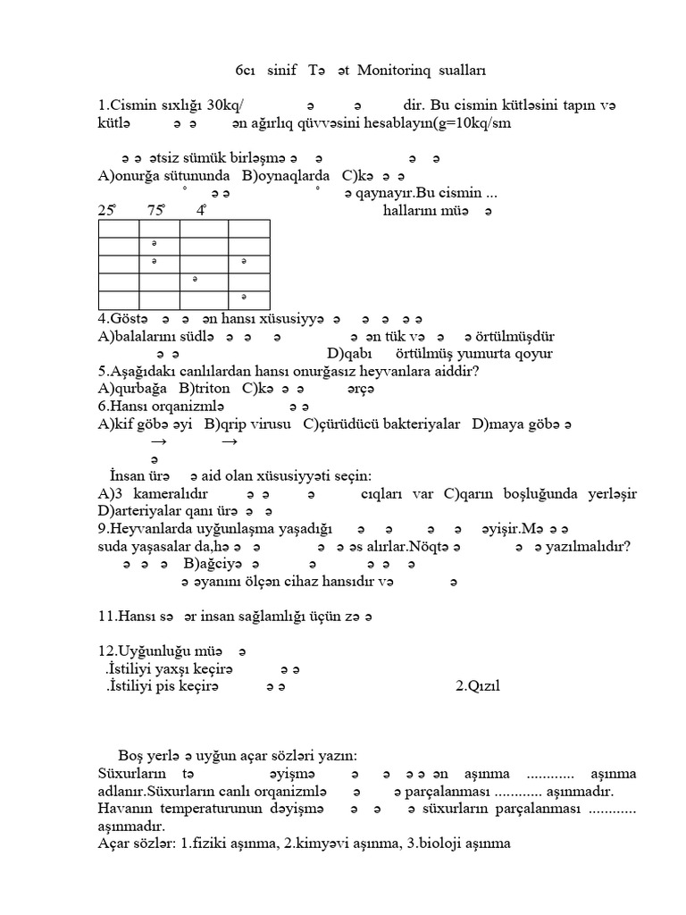 6cı Sinif Təbiət Monitorinq Sualları | PDF