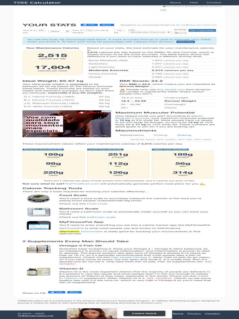 Daily Caloric Needs for 70 kg Male | PDF | Body Mass Index | Vitamin D