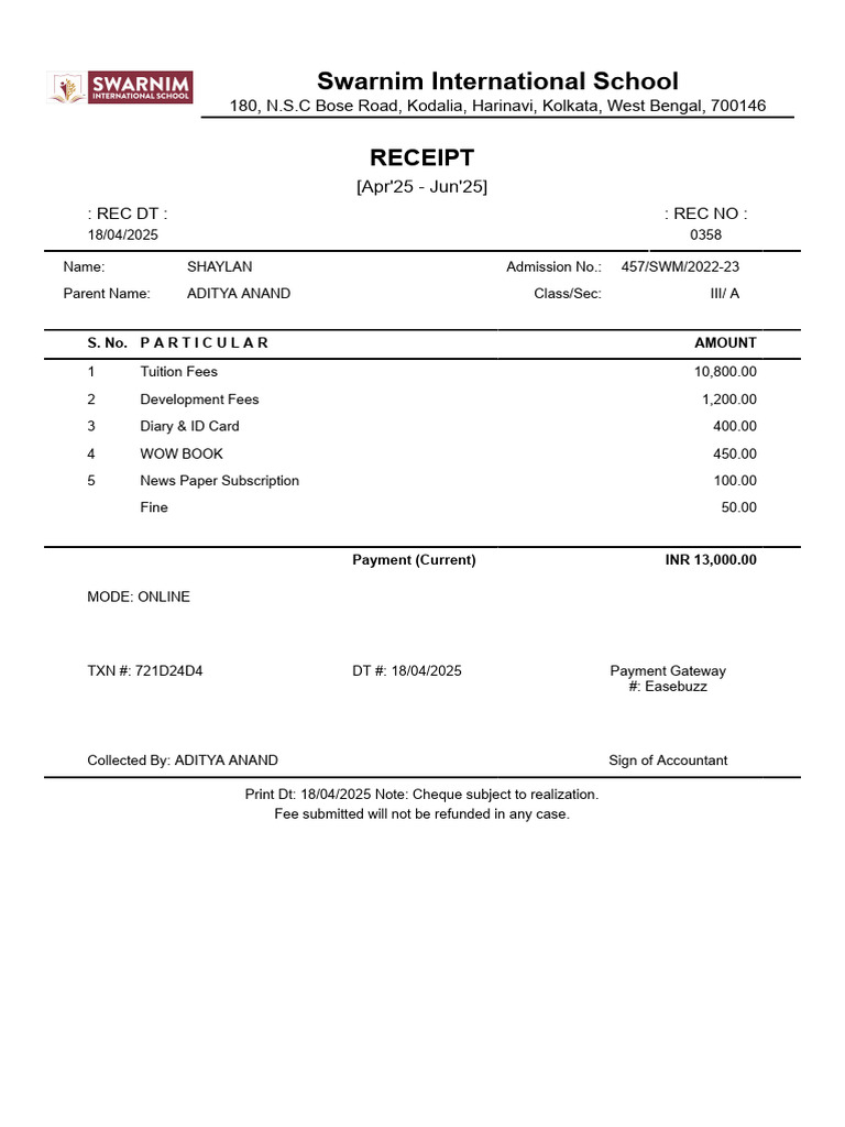 Fee Receipt 17 | PDF