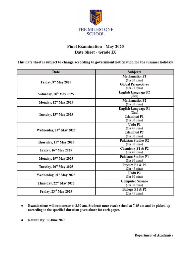 ISB Final Examination Date Sheet IX | PDF