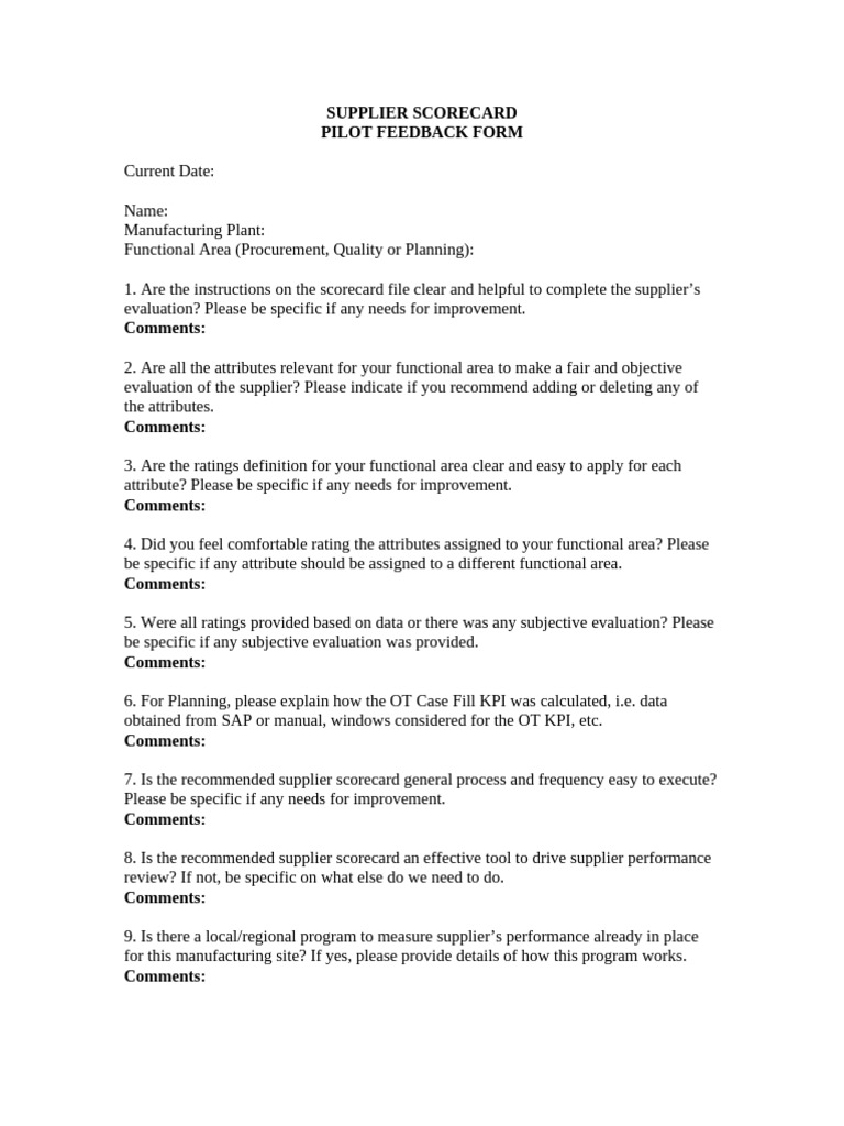 Supplier Scorecard Pilot Feedback Form | PDF